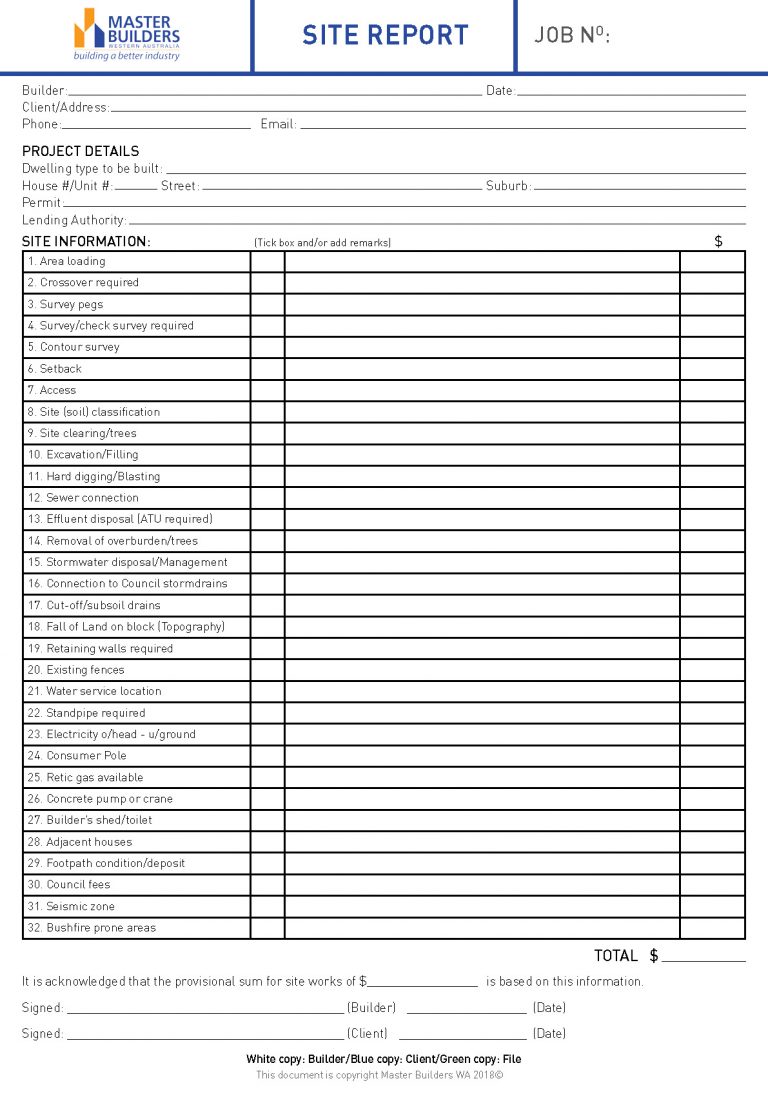 Site Report Forms Pad - Master Builders WA